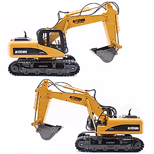 fisca Remote Control Excavator RC Construction Vehicles 15 Channel 2.4G Full Function Digger Toys with Metal Shovel Sound and Lights