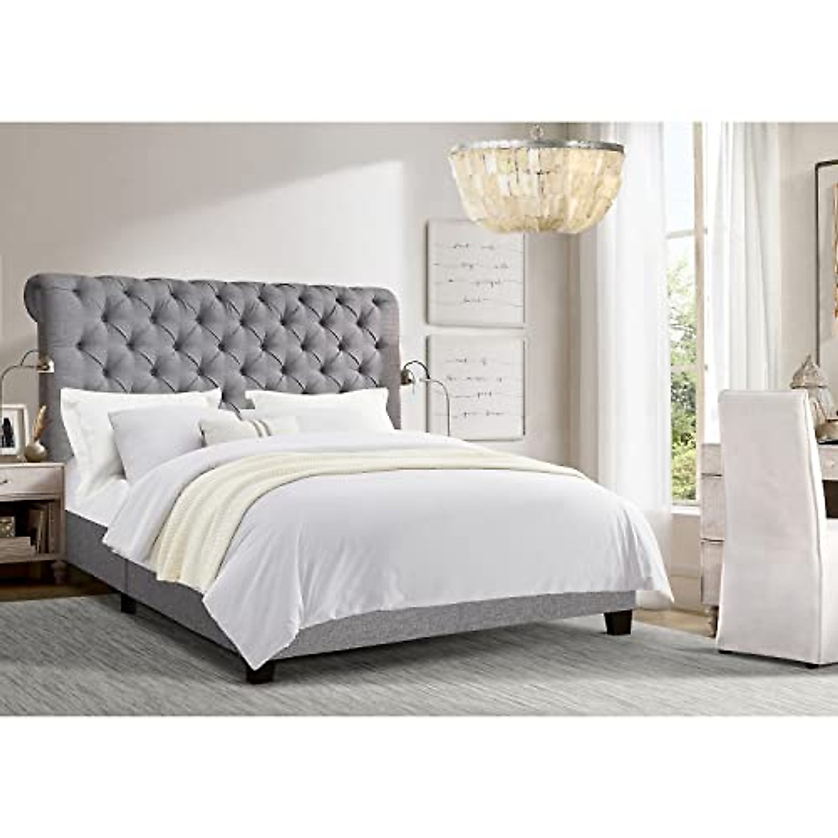 Rosevera Gideon Bed Frame/Fabric Upholstered Bed Frame with Adjustable Headboard/Chesterfield-Styled/Wood Slat Support/Easy Assembly,Full,Textile Gray