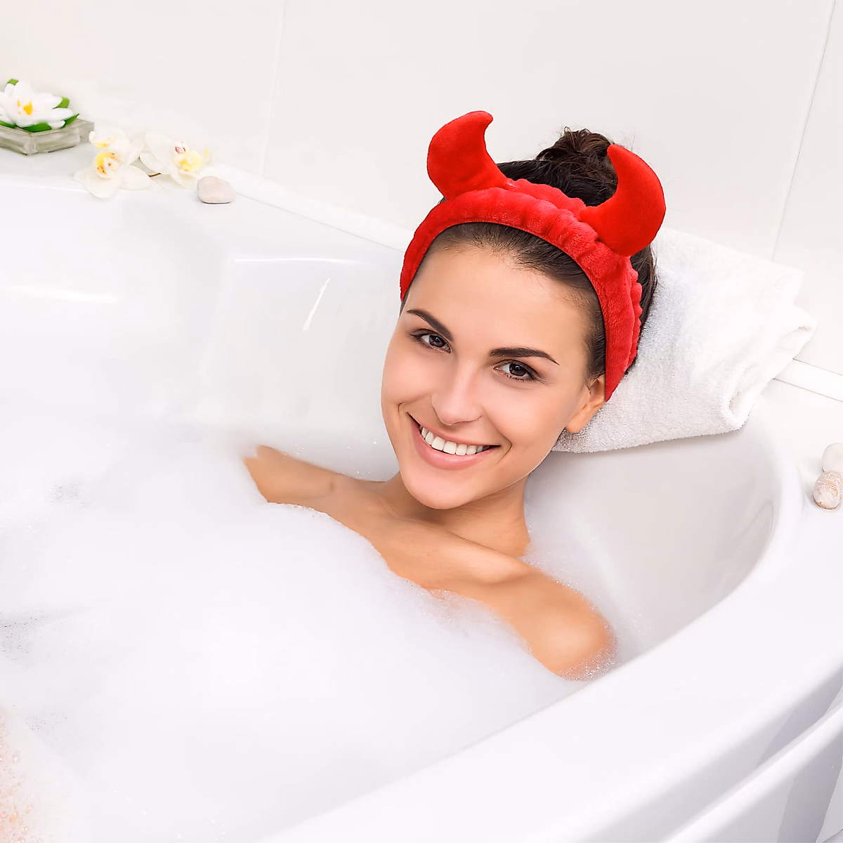 Beaupretty 2 Pack Spa Headband for Women, Devil Horns Facial Headband Face Wash Headband Makeup Cosmetic Shower Soft Hair Band (Black, Red)