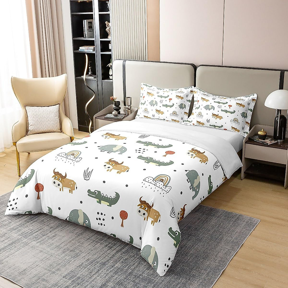 Cartoon Cows 100% Nature Cotton Duvet Cover,Boys Crocodile Elephant Farmhouse Animals Bedding Set for Room Decor,Watercolor Rainbow Jungle Plants All Season Bedding with Zipper Closure Twin Size