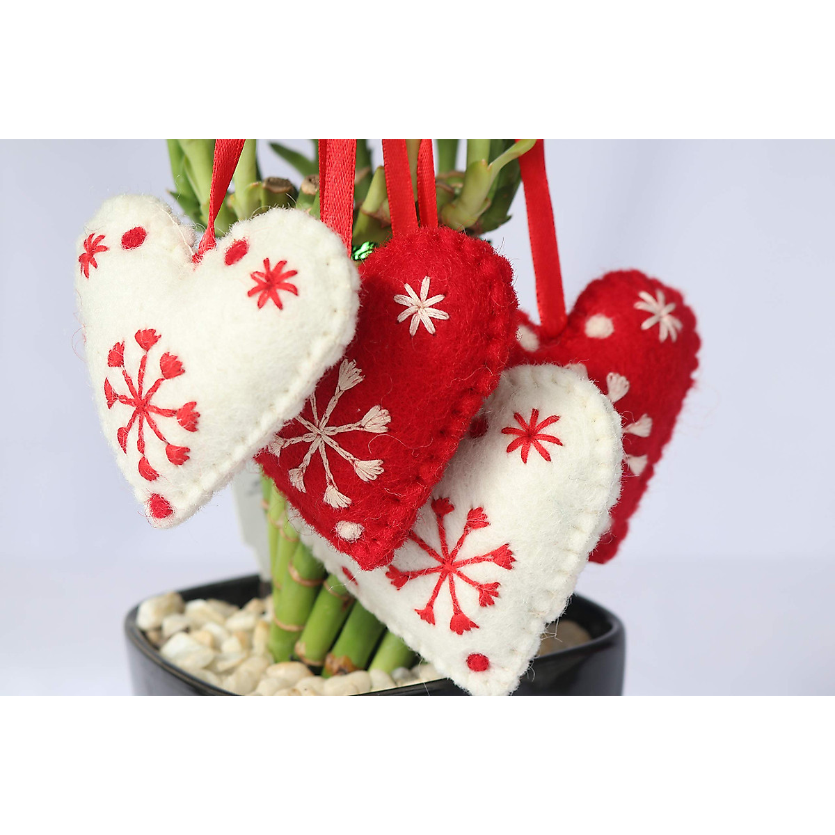 Hearts Christmas Ornaments Set of 4-Snowflake 100% Pure New Zealand Wool Handmade Eco-Friendly Valentine's Day Decor Shower Nursery Decoration Fair Trade (4, Heart)