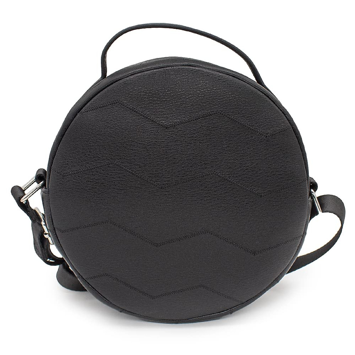 Disney Bag, Cross Body, Round, Signature D Logo, Silver Emblem, Chevron Zig Zag Stitch, Black, Vegan Leather