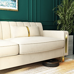 Couch 85.62" 3 Seats Sectional Velvet Fabric Sofa Easy Assemble Sofa Bed with 2 Couch Pillows,Gold Metal Legs for Living Room (P17, 2 PCS Beige)