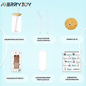 MerryJoy 4 PACK Sublimation Glass Blanks With Bamboo Lid,16 OZ Clear Glass Cups With Lids And Glass Straws,Sublimation Glass Can,Sublimation Glass Blanks For Iced Coffee,Juice,Soda,Drinks,Beer