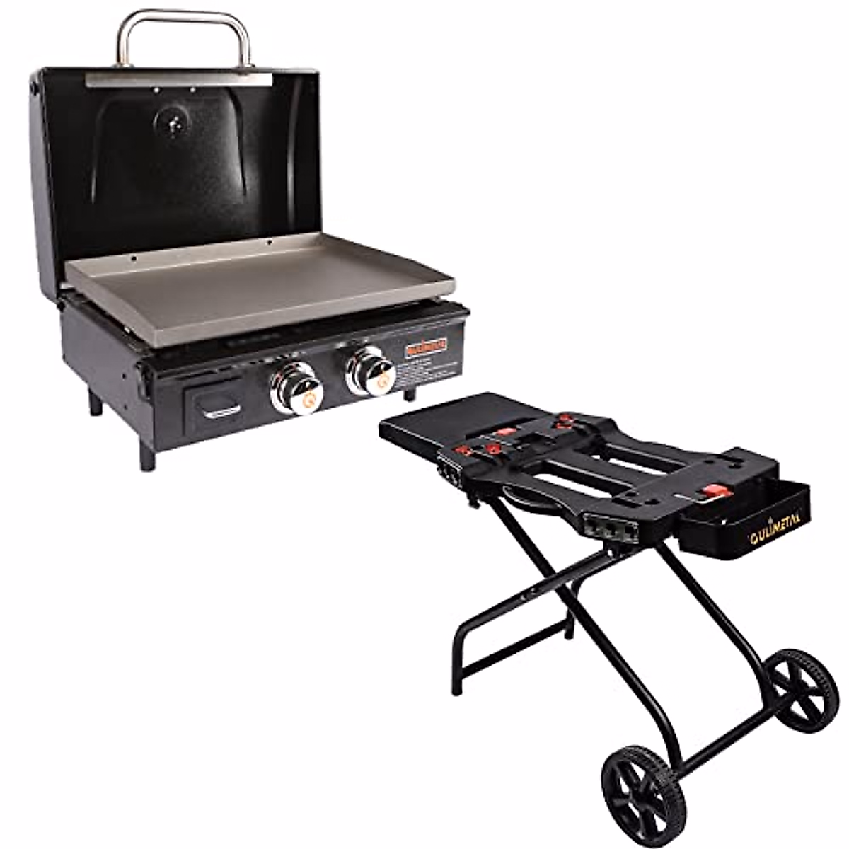 QuliMetal Portable Grill Cart & Griddle Stand and Portable Table Top Griddle, 22 Inch 2-Burner Propane Gas Flat Top Grill with Hood, 24,000 BTUs Camping Grill with Carry Bag