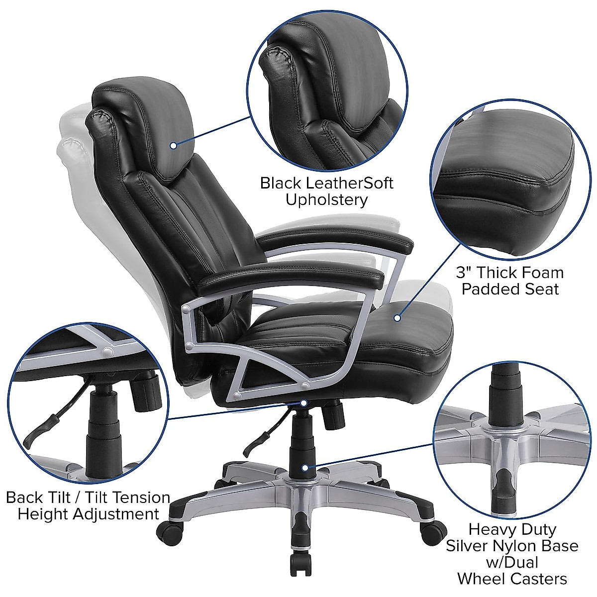 Flash Furniture HERCULES Series Big & Tall 500 lb. Rated Black LeatherSoft Executive Swivel Ergonomic Office Chair with Arms
