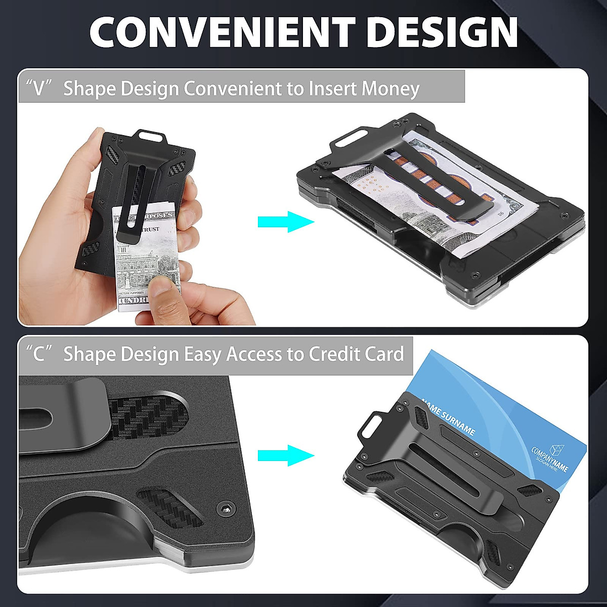 HitTopss Minimalist Wallet for Men, RFID Blocking, Slim Aluminum Metal Money Clip Wallet with Clear ID Card Holder, Holds up 15 Cards with Cash Strap, Ultra-Thin Credit Card Holder Carbon Fiber Wallet