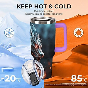 LLUTSNTH 40 Oz Vacuum Tumbler with Violet Handle Leakproof Insulated Tumbler Dragon Stainless Steel Travel Mug with Lid And Straw Coffee Cup Cute Water Bottles Cup Holder Friendly