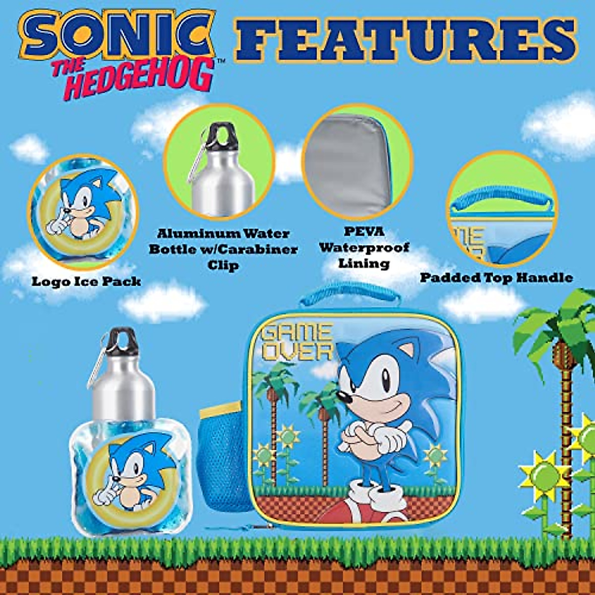 AI ACCESSORY INNOVATIONS Sonic Lunch Box Set for Boys & Girls, Stainless Steel Water Bottle with Carabiner Clip and Ice Pack, Insulated & Waterproof Lunch Bag with Zipper, 4 Pieces