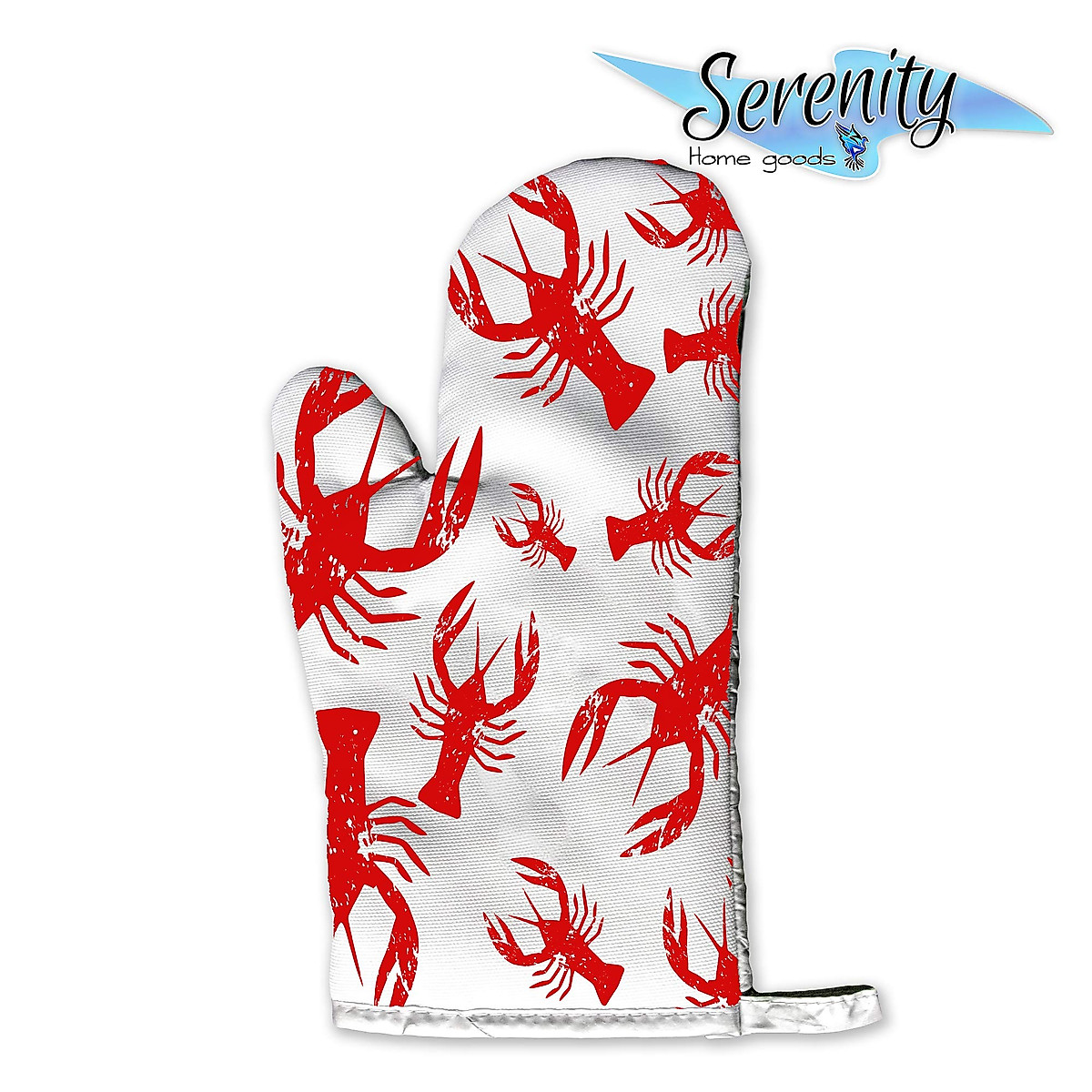 Crawfish Home Decor | Decorative Kitchen Hot Plate Pot Holder Oven Mitt Set | Heads Or Tails | Red White Southern Crawdads Crayfish Bayou Spring Summer Fall | White Home Decor Decorations