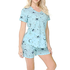 CHUNG Women Short Sleeve Shirt Pajamas Set with Shorts Bottom Pants Cotton V-neck Cute Pjs Sleepwear Lounge Wear Plus Size Summer (X-Large, Blue Star)