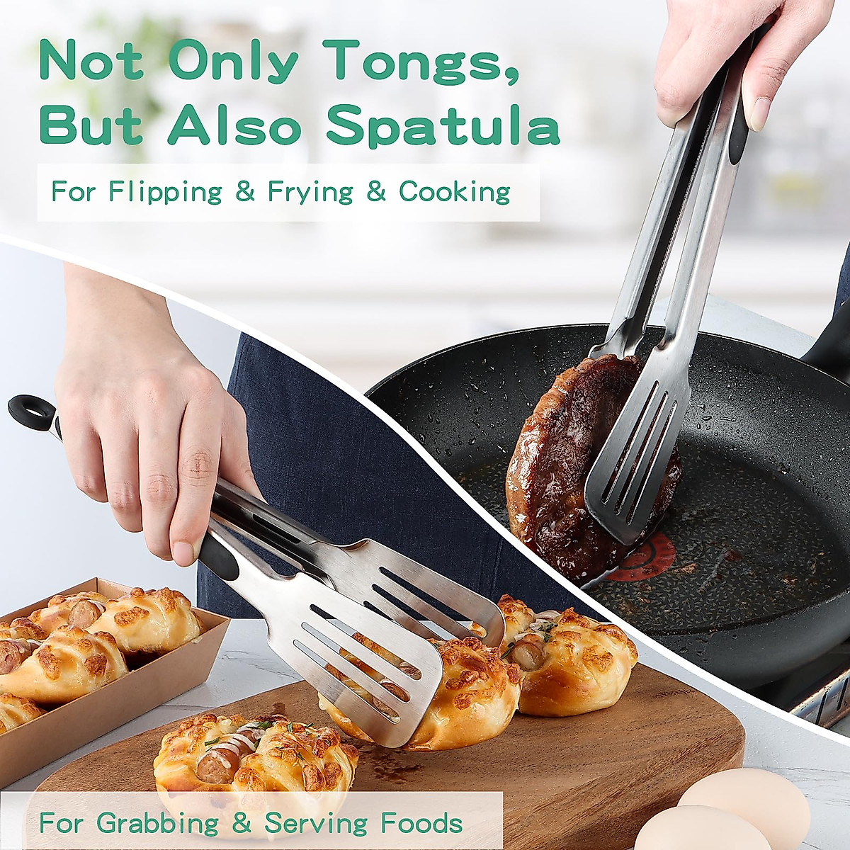 Lebabo Metal Tongs for Cooking, Set of 2 Stainless Steel Spatula Tongs for Grilling, Cooking and Flipping, Strong Grip for Ribs, Steak and Fish, Comfortable Grip, Easy Pull Lock, 9 inch & 12 inch