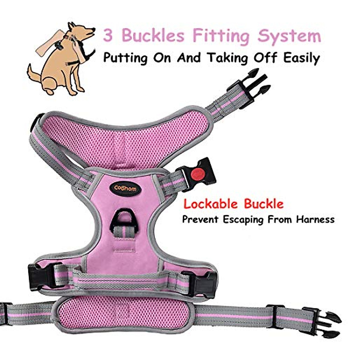 Coohom No Pull Dog Harness with Handle and Two Leash Attachments,Adjustable Outdoor Pet Harness with Reflective Oxford Material for Small Medium Large Dogs (L, Pink 3 Buckles)