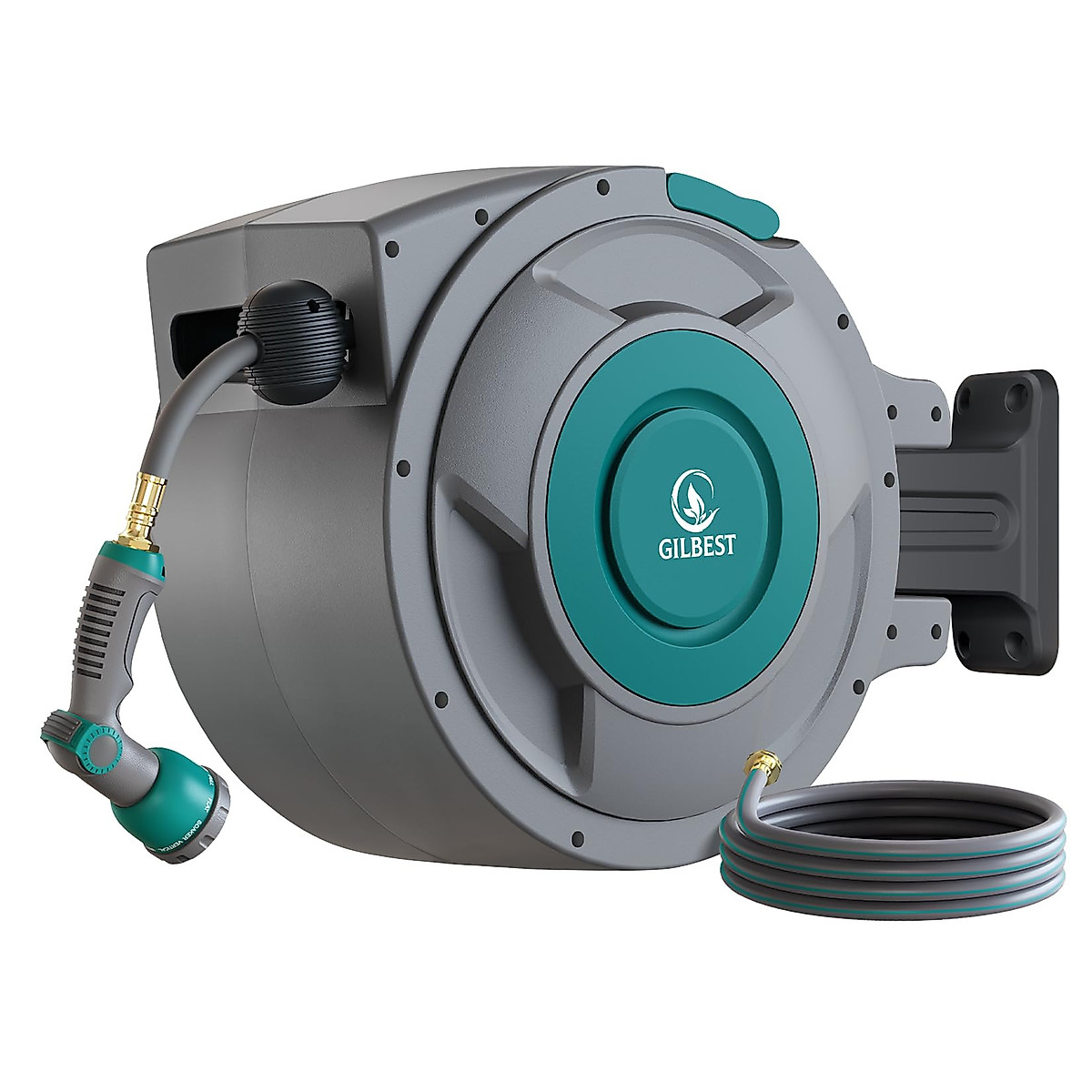 Gilbest Retractable Hose Reel, 5/8 "x 100 ft Retractable Garden Hose, Wall Mounted Retractable Hose, Retractable Water Hose with 10-Function Hose Nozzle, Any Length Lock/Heavy Duty/180°Swivel Bracket