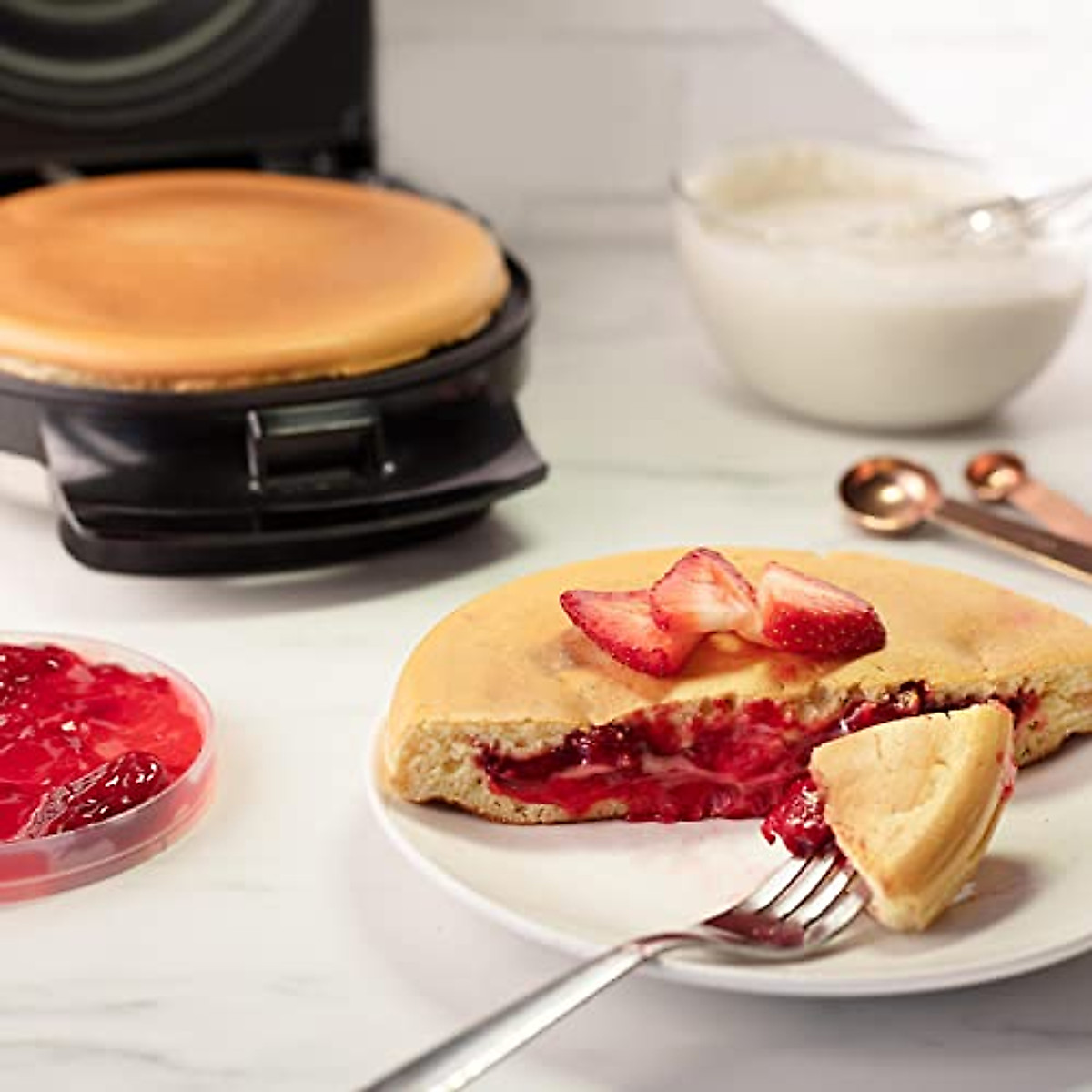 Stuffed Pancake Maker- Make a GIANT Stuffed Waffle or Pan Cake in Minutes- Add Fillings for Delicious Breakfast or Dessert Treat, Electric, Nonstick w Silicone Batter Funnel - Fun Holiday Kitchen Gift