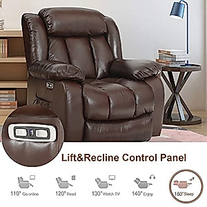 Harkawon Dual Motor Recliner Chair for Adults, Genuine Leather Lay Flat Sleeping Power Lift Chair for Elderly, Power Lift Chairs, with Massage and Heating (Brown)