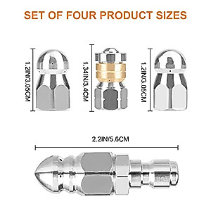 WEOSMIRA Pressure Washer Sewer Jetter Nozzles,4 Pieces, Pointed,Button Nose,Rotating and Corner Jetting Sewer Nozzle,Different Models,Stainless Steel,1/4 Inch Quick Connector,Orifice 4.0, 4.5, 5.5