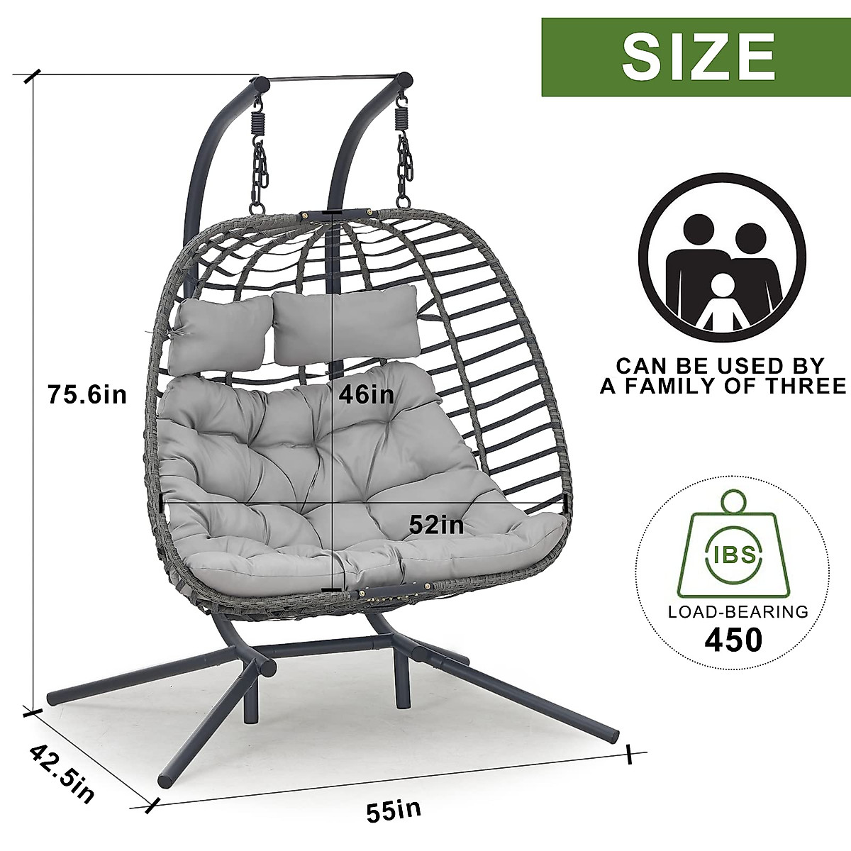IRONKOM 2 Person Wicker Double Swing Chair with Cushion Grey