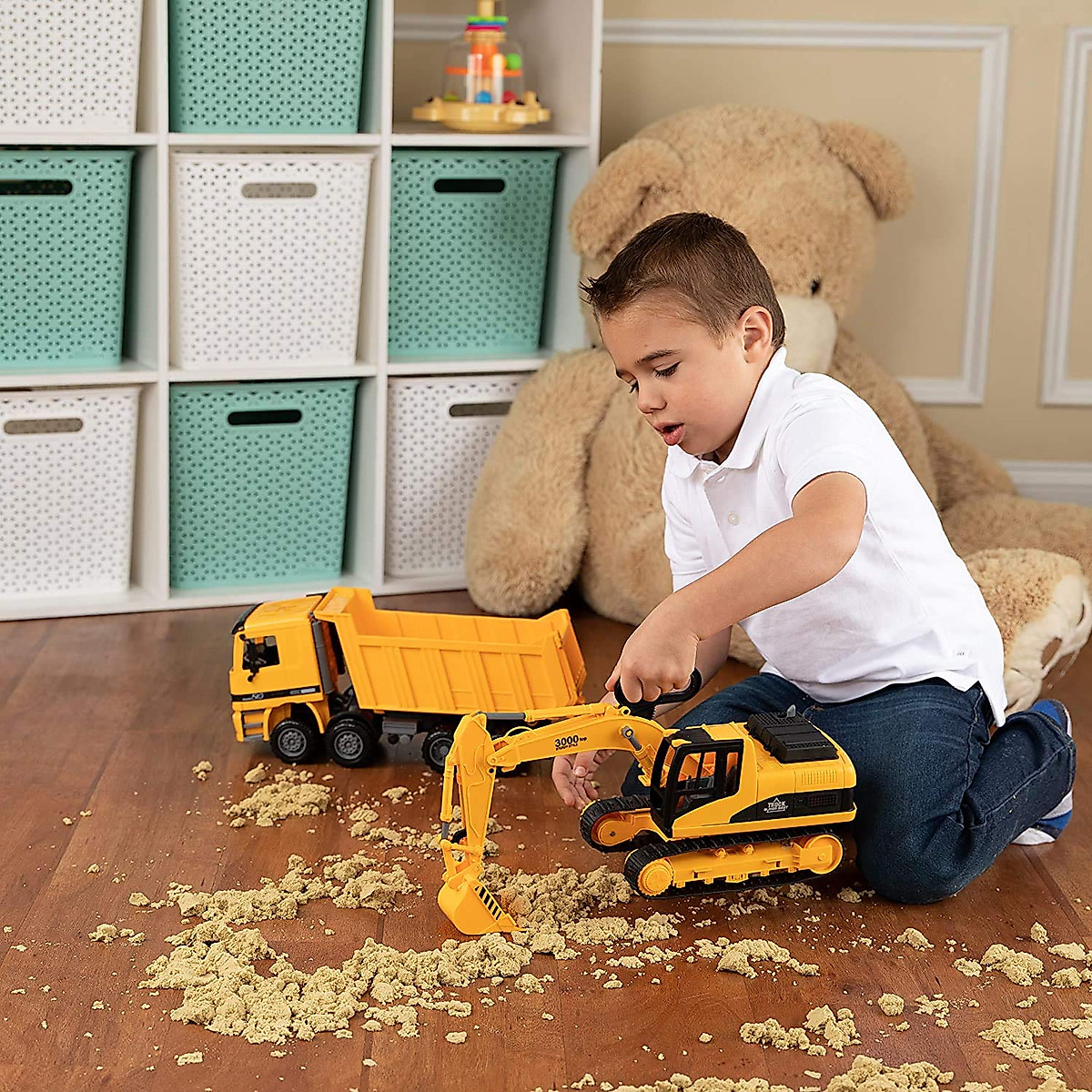 Toy To Enjoy Excavator & Dump Truck Toy for Kids (Set of 3) with 1.1 LB Play Sand – Moveable Claw & Lifting Back – Garbage Truck & Bulldozer Digger – Construction Vehicle for Kids & Children