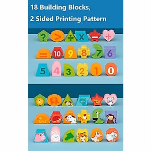 YUHAIPI Shape Sorter Car,Solid Wood,18 Building Blocks with Animal & Numbers Photos,Best Game for Hand-Eye Coordination &Thinktraining,Great Gift for 2-3-4 Years Old Boys and Girls.