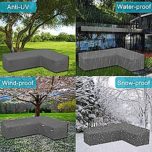 STARTWO Patio Sectional Sofa Cover, Heavy Duty Waterproof Outdoor Sectional Furniture Cover Weatherproof L-Shaped Lawn Patio Furniture Cover with Air Vents Windproof Straps (Grey)
