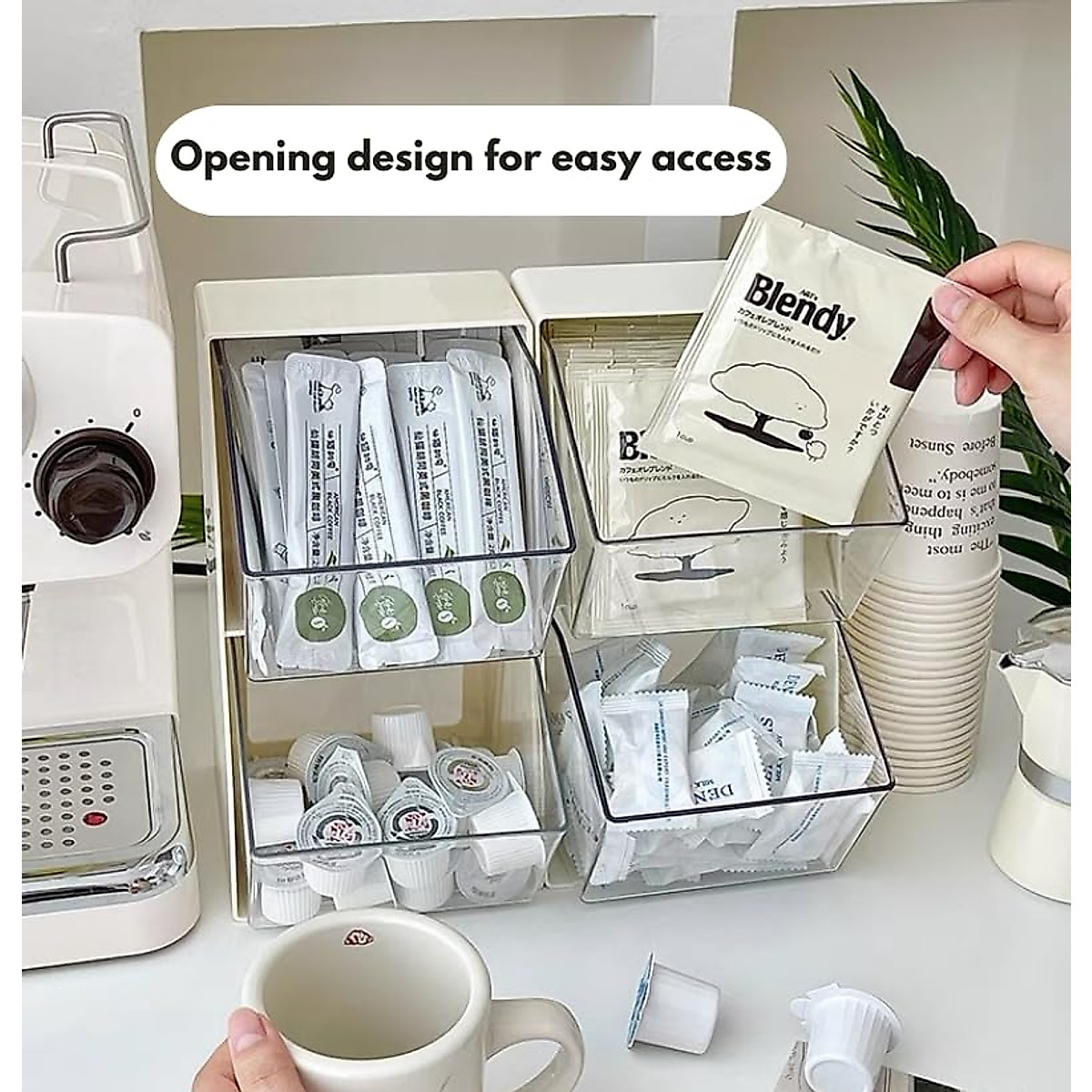 BILLION GOLD Acrylic Storage Containers Box, Desktop Tea Bag Organizer with 2 Drawers - Coffee Pod Holder for K Cups, Tea Bags, Creamer, Sugar Bags for Home Office(White)