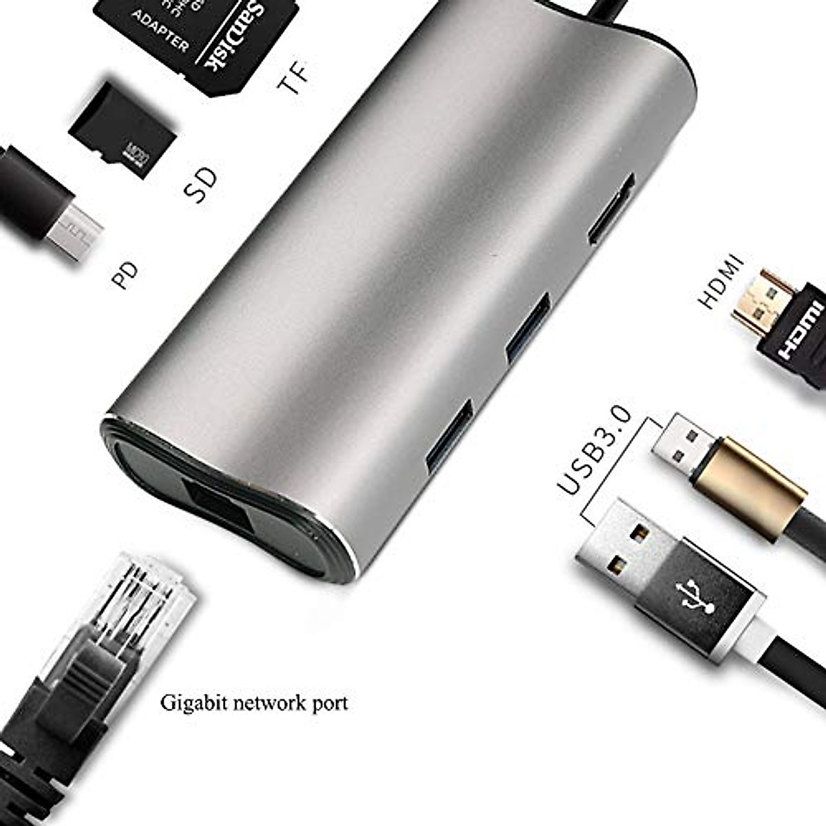 XUNMAIFHB Portable Docking Station,9-in-1 Multi-Function Type-C Docking Station HUB USB-c HDMI Female, USB3.0, Gigabit Network Card, SD Card, TF Card, 3.5MM Audio Interface Fast Transmission