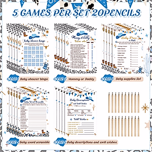 145 Pcs Baby Shower Games for Boy or Girl 5 Game Activities Card with 20 Pencils Include Baby Shower Bingo, Guess Who, Description and Well Wishes, Word Scramble Game (Cowboy Style)