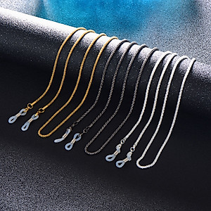Whaline 3 Pieces Eyeglasses Chain Sunglass Neck Strap Holder with 6 Pcs Adjustable Rubber Ends Connectors (Silver Golden Black)