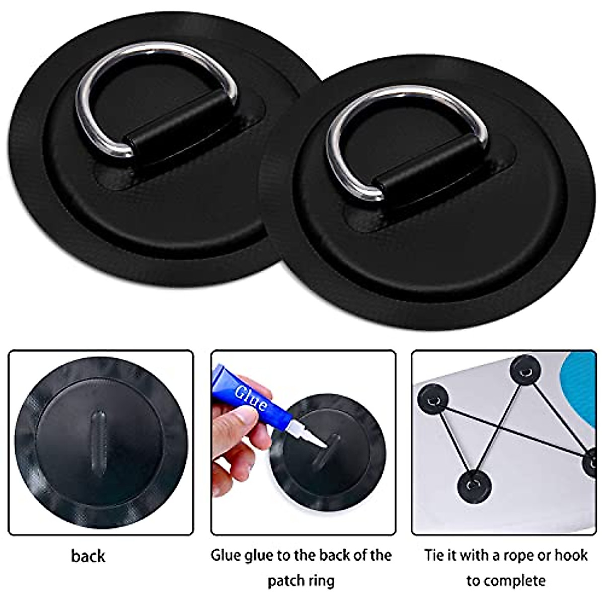 TOBWOLF 6 Pack 4.33" / 11cm Stainless Steel D-Ring Patch for Inflatable Boat Kayak Dinghy SUP, Circular D-Ring PVC Patch Stand-Up Paddleboard Canoe Rafting Accessories, NO Glue Included - Black