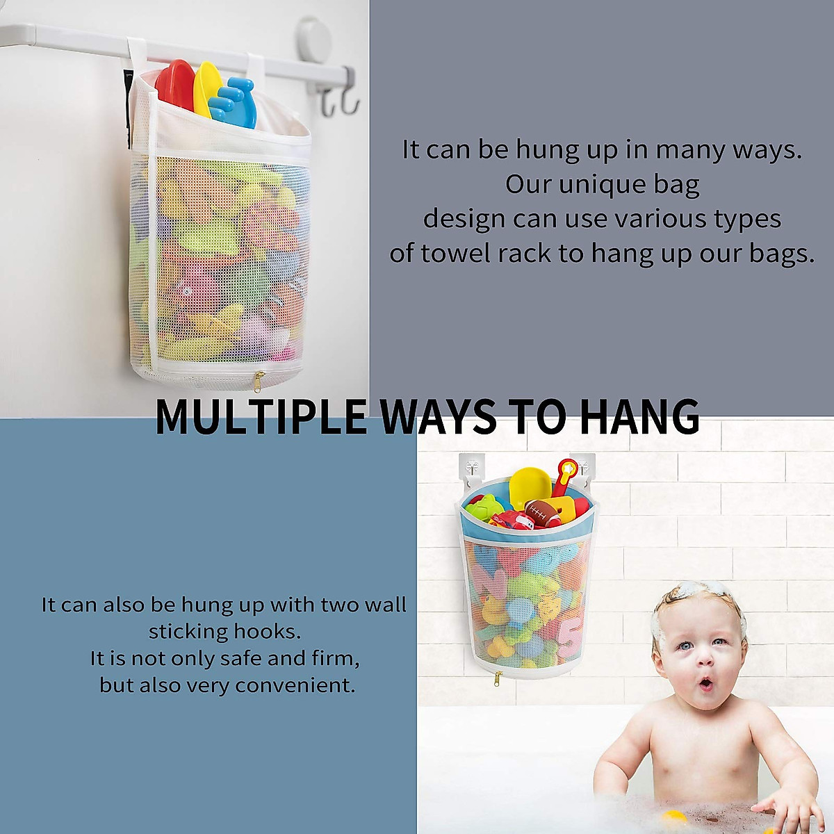 FHDS Clever Zippered Mesh Bath Toy Organizer, Multiple Ways to Hang, Ultra Large Capacity & Large Opening, Multi Use Bathtub Toy Storage Bag ( Large, White )