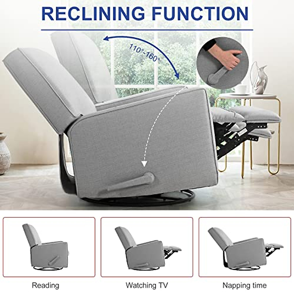 EASELAND Swivel Rocker Recliner Chairs,Large Nursery Glider Chair with Manual Puller,360°Rotation Reclining Glider Chair with Linien Fabric,Modern Lounge Nursery Chair for Living Room,Bedroom (Grey)