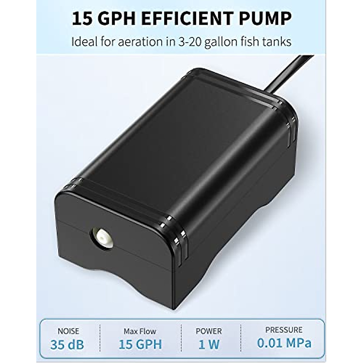 Pawfly Mini Aquarium Air Pump 15 GPH Quiet Oxygen Aerator Pump with Bracket Airline Tubing Bio Sponge Filter Air Stone Control Valve and Check Valve for 3-20 Gallon Nano Fish Tanks and Buckets