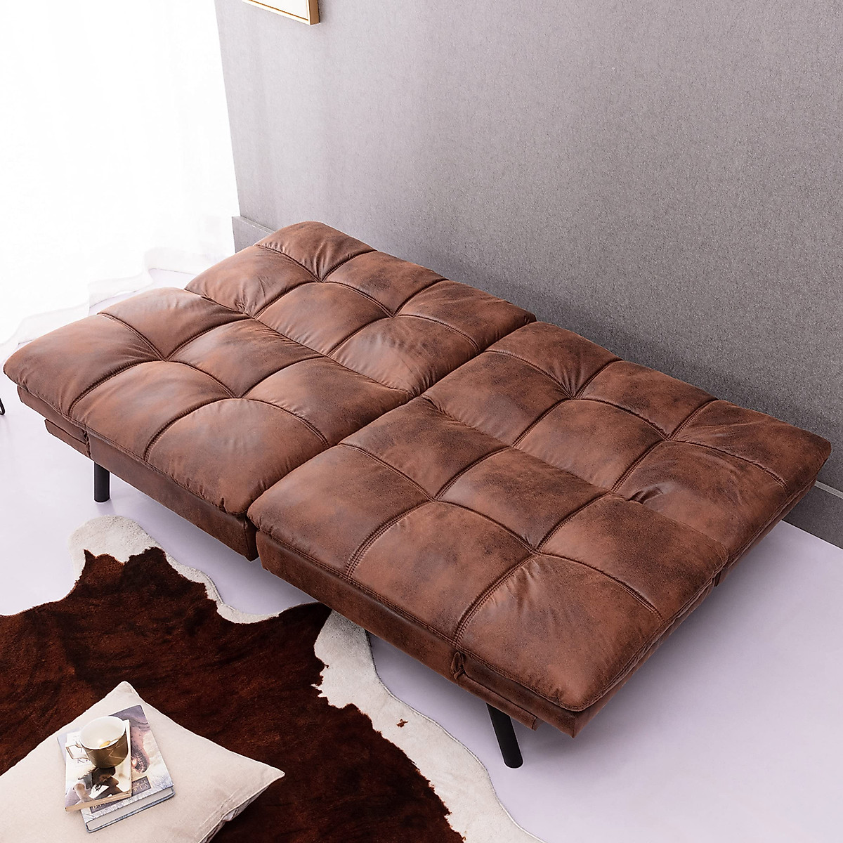 FIQHOME Modern PU Leather, Convertible Memory Foam Couch Bed,Futon Sets Daybed with Mattress Included,Folding Sleeper Sofa Love seat for Living Room&Bedroom Small Space,Brown