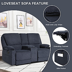 KIGOTY Loveseat Recliner Sofa,2 Seat Reclining Loveseat,Manual Recliner Sofa,Home Theater Seating with Storage Console，RV Love Seat Couch Chair with 4 Cup Holders,Navy Blue