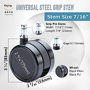 Enjoy Caster | 3 Inch Office Chair Casters for Herman Miller Aeron Chair | Dual Injection Polyurethane Wheels for Hardwood Floors | Universal Stem Size 7/16" Office Chairs (7506BUB-16)