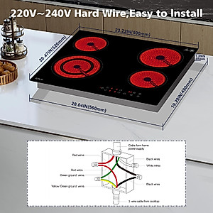 KPUY Electric Cooktop 24 Inch - 4 Burner Electric Cooktop & Electric Ceramic Cooktop, Electric Stove Top Sensor Touch with 9 Heating Level&Timer, 6000W, 220-240V for Hard Wire(No Plug)