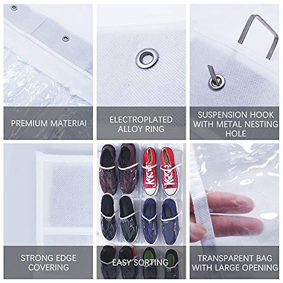 QUMENEY 24 Pockets Over the Door Shoe Organiser, Folding Hanging Organiser Shoe Racks with Hooks, Heavy-Duty Hanging Mesh Shoe Holder for Badroom, Bathroom, Wardrobe