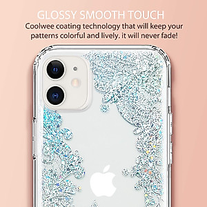 Coolwee Clear Glitter Compatible with iPhone 12 Case Thin Flower Slim Cute Crystal Lace Bling Women Girl Floral Hard Back Soft TPU Bumper Protective Cover for iPhone 12 Pro Mandala Henna Sparkle