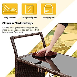 YOLENY Outdoor Wicker Bar Cart,Rolling Patio Wine Cart with Ice Bucket,Glass Countertop, Wine Glass Holders,Rattan Bar Serving Cart for Pool, Party, Backyard