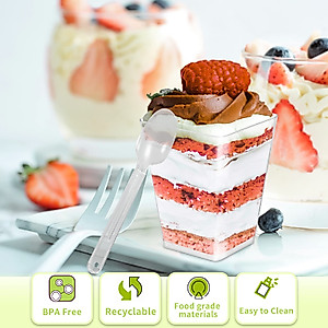 50 Pack Dessert Cups with Spoons,5 oz Square Clear Plastic Dessert Cups,Mini Dessert Cups Appetizer Cups Parfait Cups,Small Plastic Tumbler Serving Cups for Serving Desserts,Appetizers,Puddings,Mousse