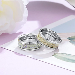 Ashleymade Personalized Couples Rings Set for Him and Her Promise Rings for Couples Engraving Luminous Ring Stainless Steel Engagement Rings for Couples Valentines Day (Couples Rings Set -2)