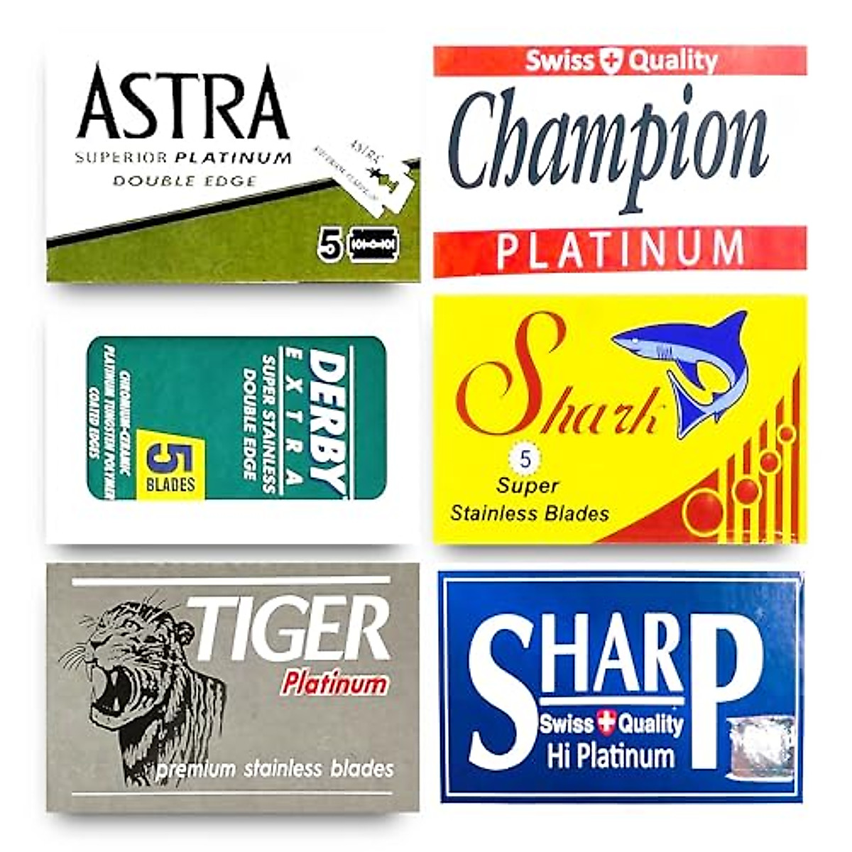 Astra-Derby-Shark-Tiger-Sharp Double Edge Razor Blades Sampler, 30 Blades
