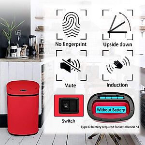 HCB Trash Can Automatic Waste Bin Mute Metal Garbage Can with Lid Stainless Steel 13 Gallon 50 Liter for Kitchen | Office | Bedroom | Bathroom | Living Room (Red)
