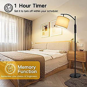 OUTON Arc Floor Lamp with Remote Control, LED Dimmable Modern Lamp with 4 Color Temperatures, Tall Standing Reading Lamp with Adjustable White Linen Shade for Living Room, Office, Black Matte