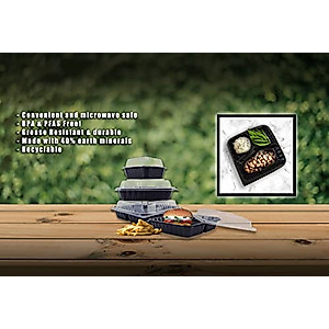 ecopax 75 Sets PP Pebble Box Serving Tray and Vented Lid, Food Container (9x9 3 Compartment) Lunch Box, Food Container, Black