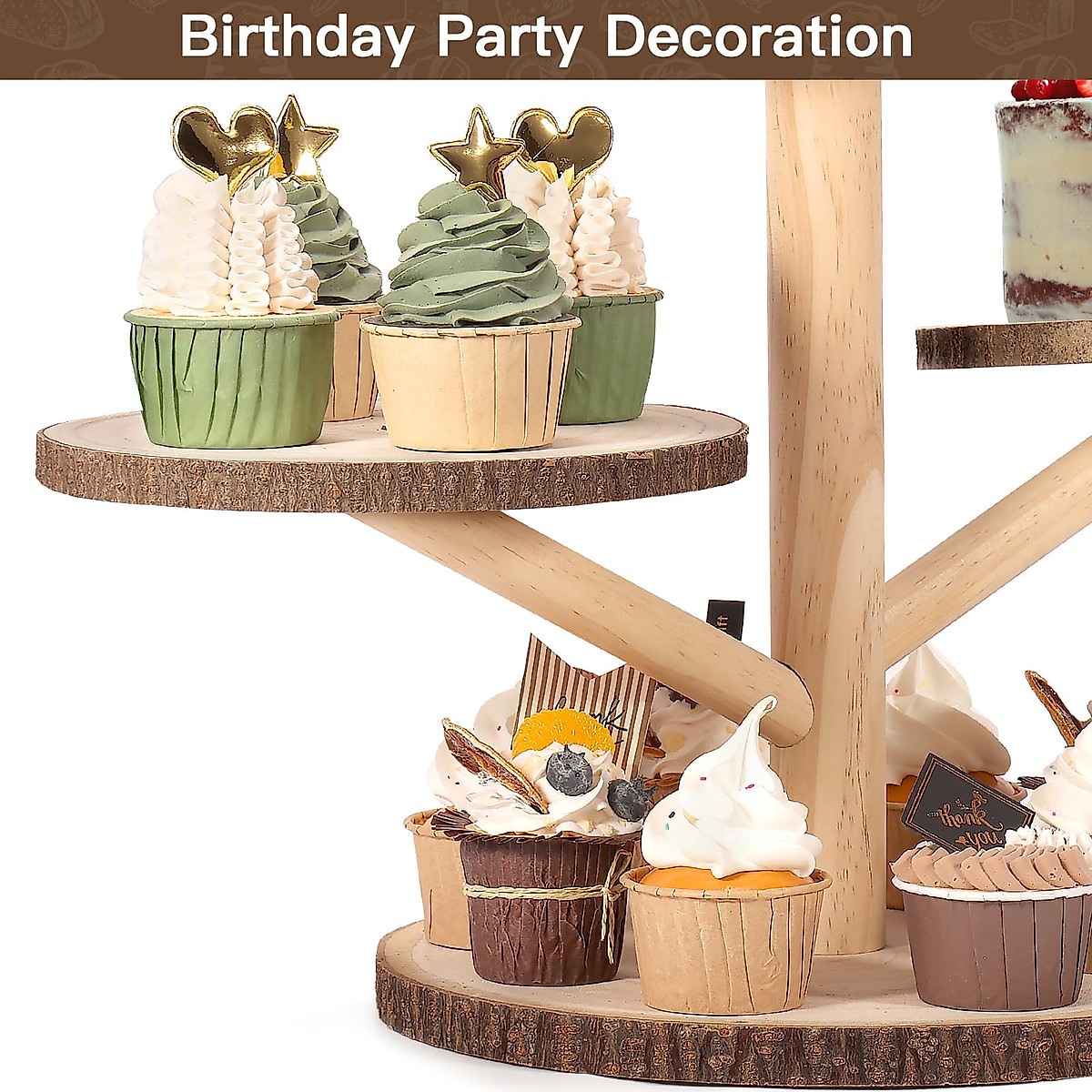 Ayfjovs 4 Tier Round Wooden Cupcake Stand, Wood Cupcake Holder, Cake Tiered Tray, Dessert Stands for Wedding Tea Party Birthday Holiday Baby Shower Dessert Display