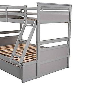 ATY Twin Over Full Bunk Bed with 2 Storage Drawers, Wooden Bedframe w/Ladder & Safety Guardrail, Can be Divided into 2Beds, Save Space, for Bedroom, Guestroom, Dorm,No Box Spring Needed, Gray