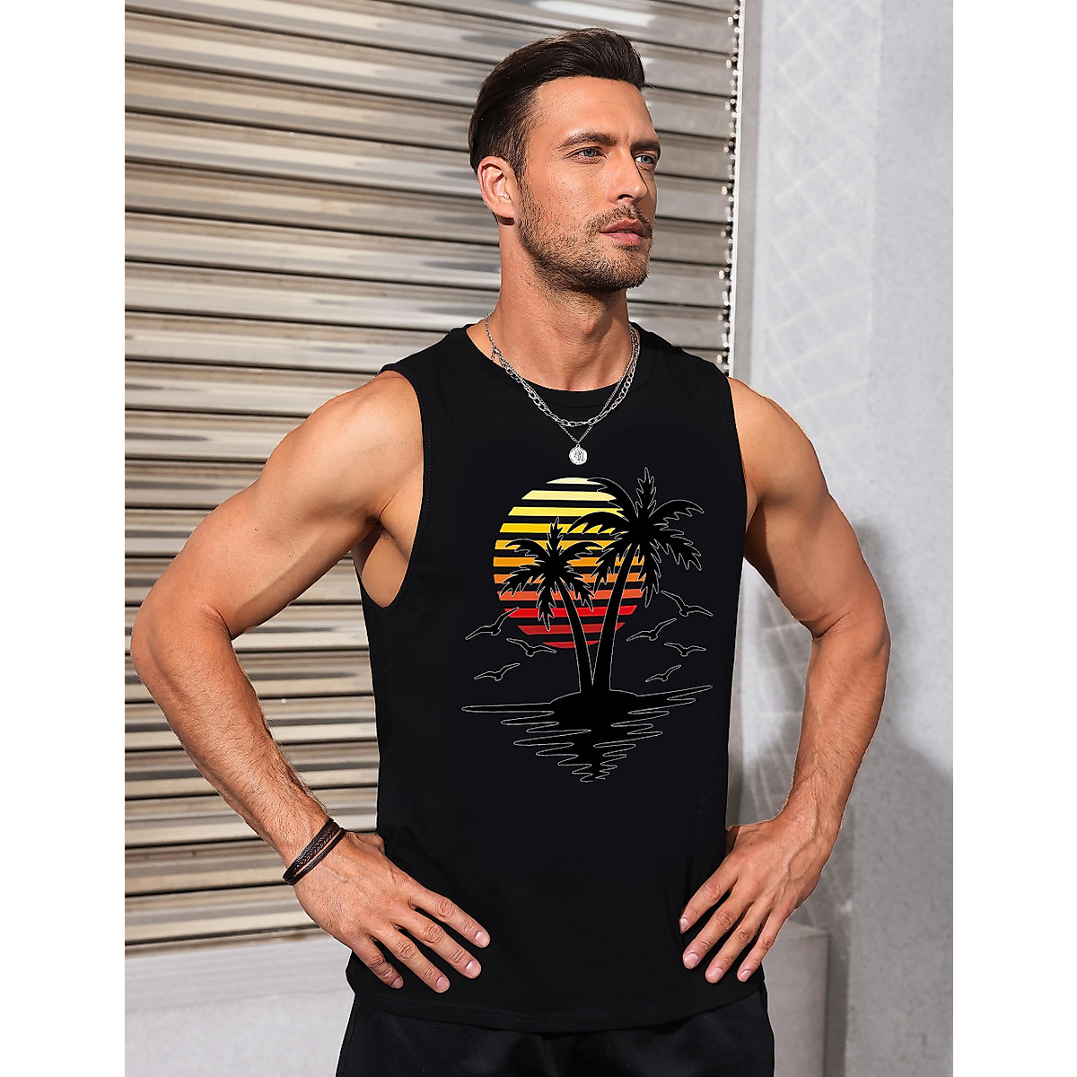 Mens Tank Top Mens Tank Tops Graphic Sleeveless Shirts Beach Coconut Tree Workout Gym Mens Muscle Tanks for Summer Vacation Tropical Tank Tops for Men Black XX-Large