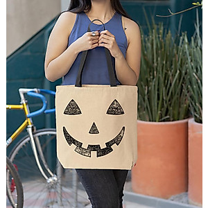 shop4ever Black Jack O' Lantern Pumpkin Face Halloween Trick or Treat Cotton Canvas Tote Reusable Shopping Bag Black HANDLE 1